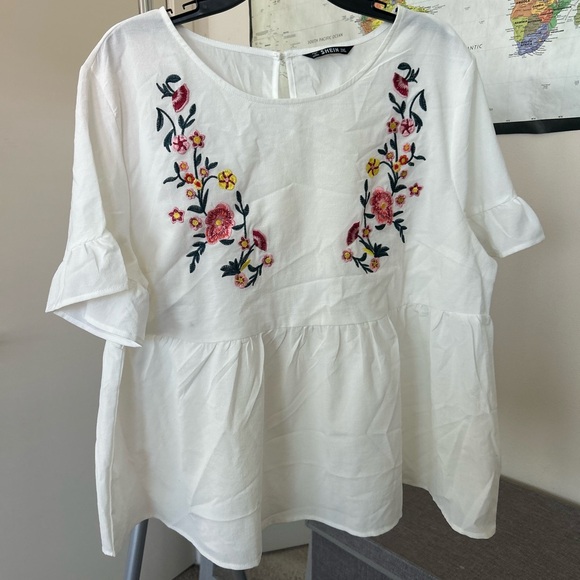 Tops | Womens White Smock Top With Embroidery Detail Ruffle Sleeves ...